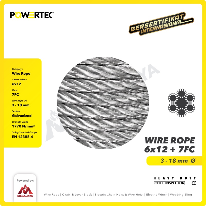 Jual POWERTEC Wire Rope / Kawat Seling Baja 6x12 7FC 4mm Galv - 1 Meter | Shopee Indonesia