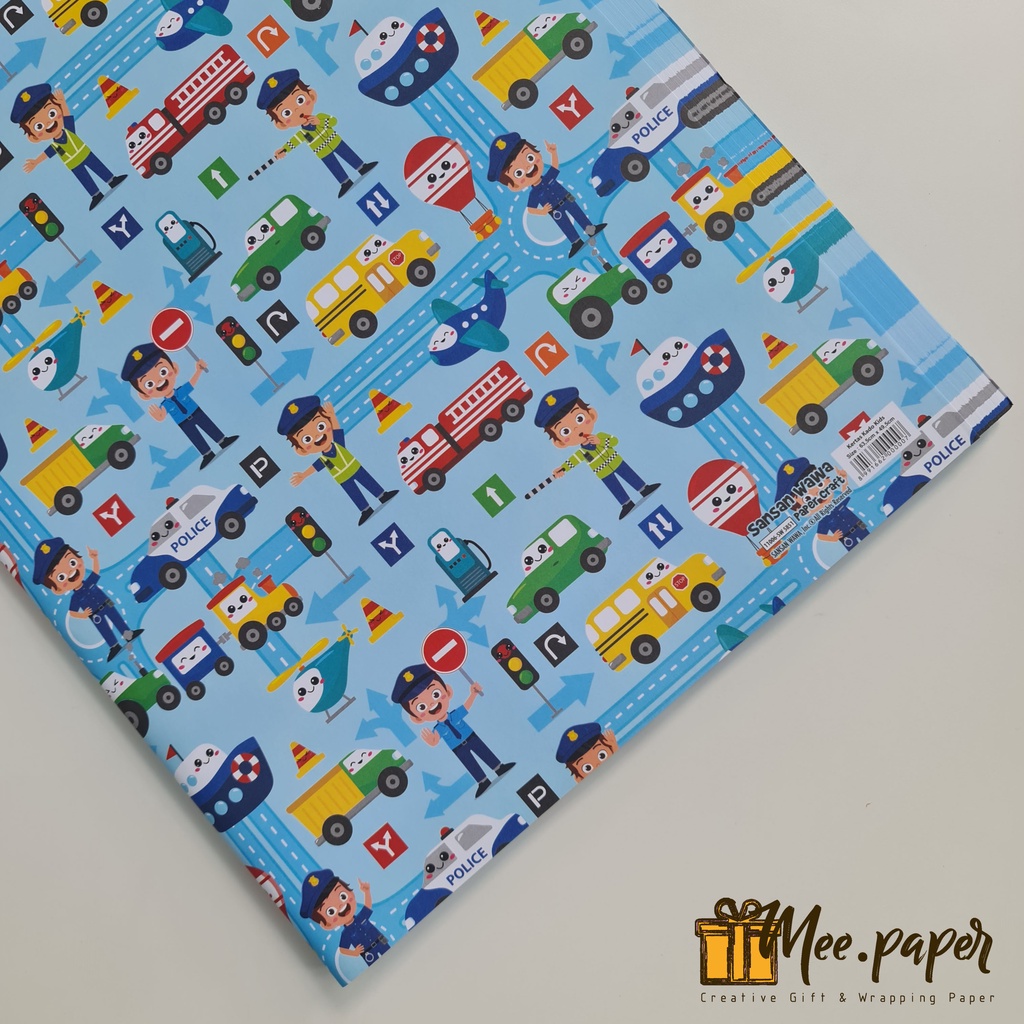 Jual Kertas Kado Sansan Wawa Motif Cars 10 Police Transport Blue ...