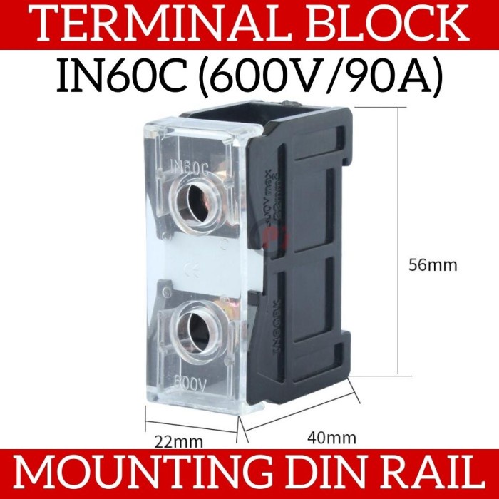 Jual IN60BK Terminal Block Blok Listrik Mounting Din Rail 600V 90A 1 ...