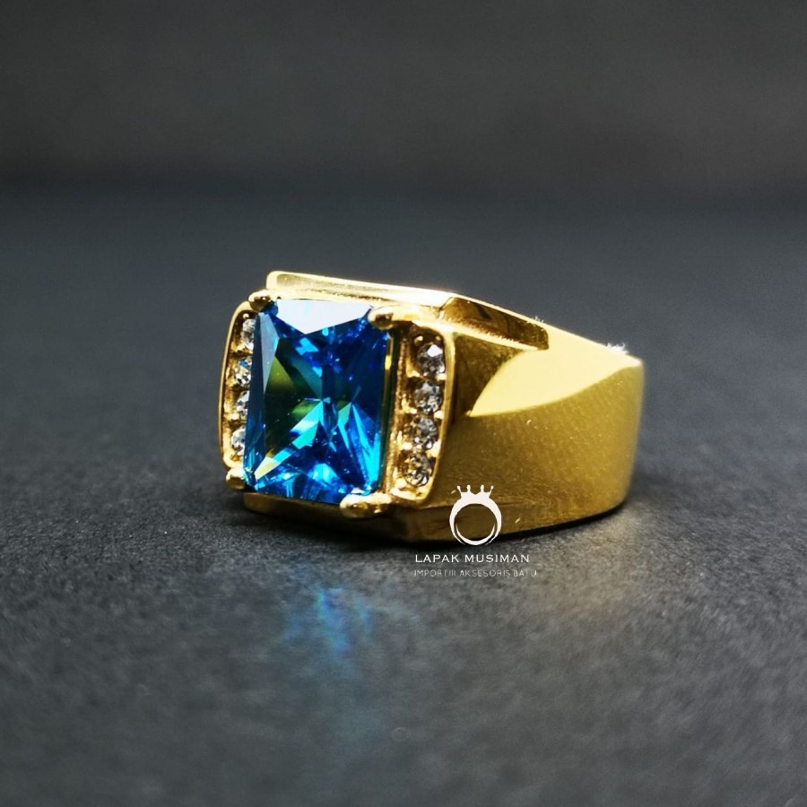 Jual Cincin Pria Titanium Warna Silver Gold Anti Karat Batu Blue Topaz ...