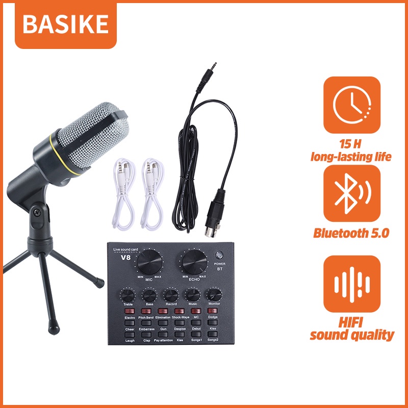 Jual Soundcard V8 Mixer Basike Bluetooth Sound card +Microphone+ Tripod ...