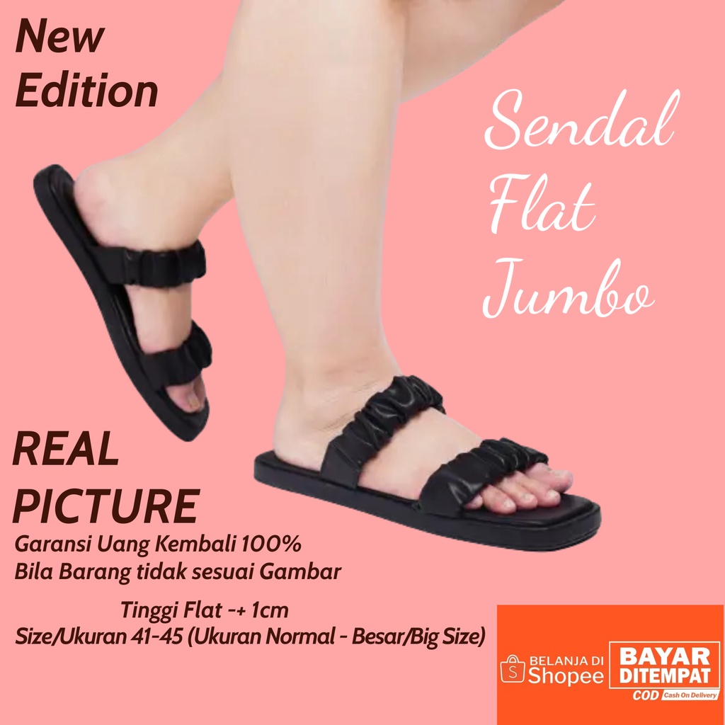 Jual Zavatu Sendal Kulit Flat Wanita Slip On Jumbo Tipe 366 Hitam Sendal Ibu Selop Sandal Karet ...