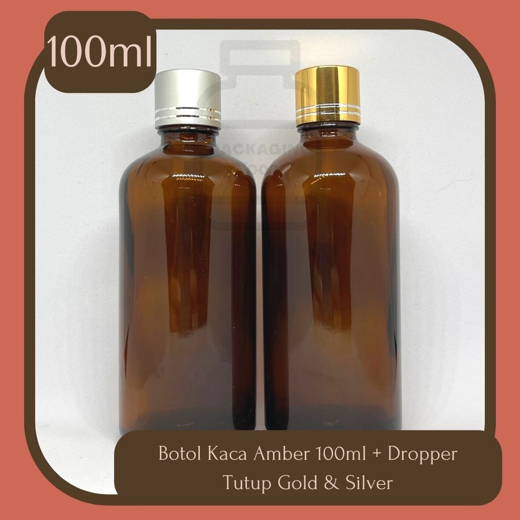 Jual Botol Kaca Amber Coklat 100ml / Botol Essential Oil 100ml - Tutup Ulir Gold / Silver Garis ...
