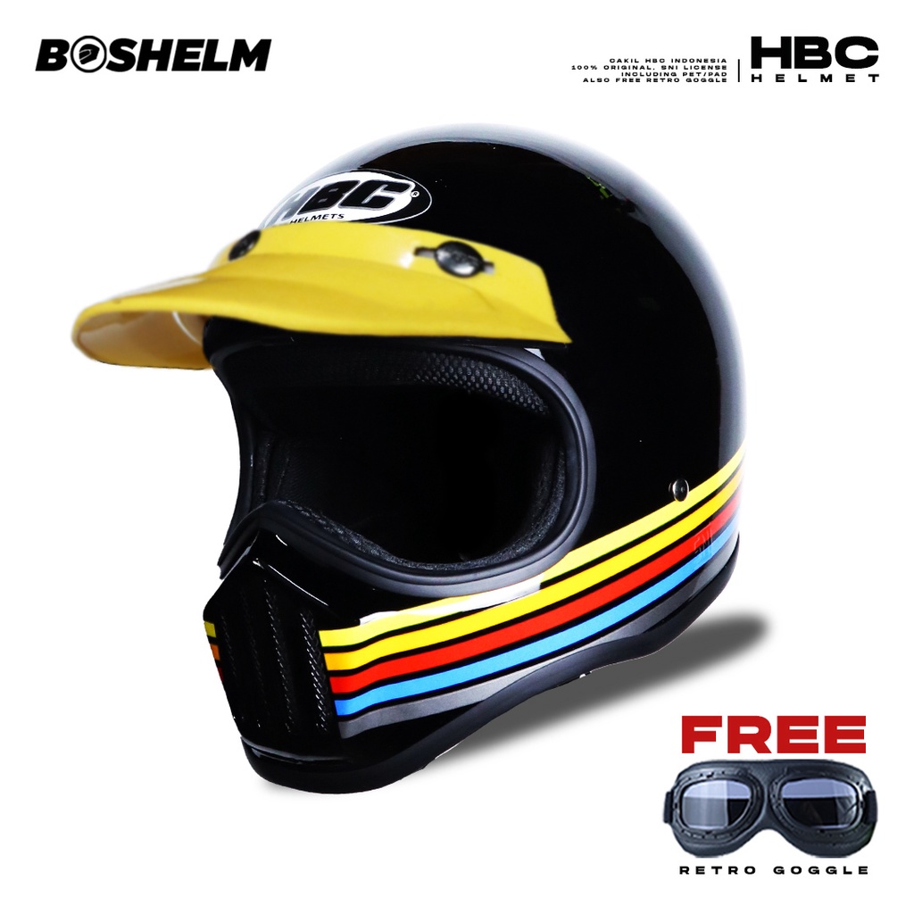 Jual BOSHELM Helm Cakil HBC Pet Kuning MOTIF Helm Retro Full Face SNI ...