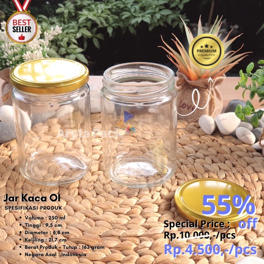 Jual Jar kaca 250ml OI round bulat glass jar toples tutup kaleng putih ...