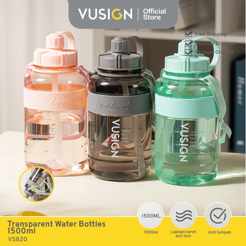 Jual Vusign Water Bottle / Botol Minum Bening Motivasi 1.5 Liter Anti ...