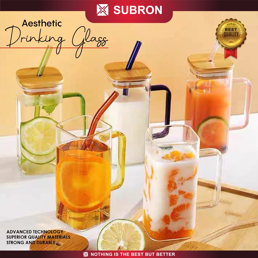 Jual SUBRON Gelas Kaca Aesthetic Borosilicate Square Kotak 400ml Simple Polos Dengan Tutup Glass ...