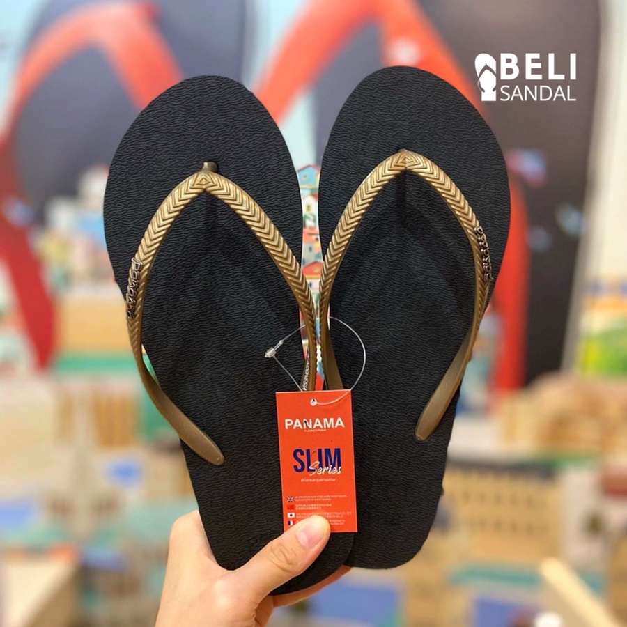 Jual Panama Slim - Black / Gold Sandal Jepit Cewek Slim Sendal Karet ...