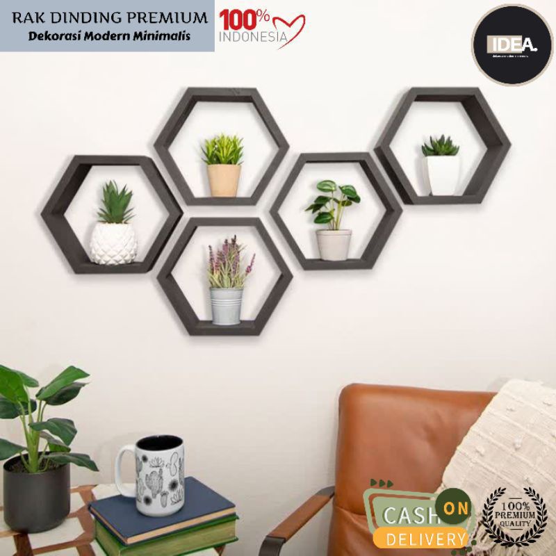 Jual rak dinding hexagonal / ambalan dinding kayu estetik aesthetic pajangan dinding hiasan wall ...