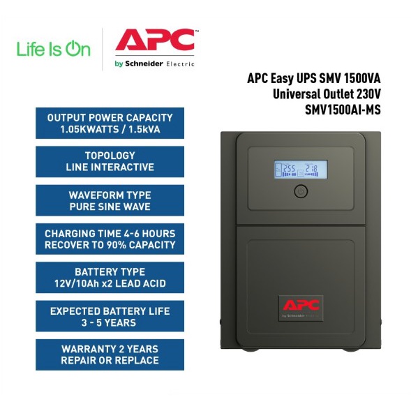 Jual UPS APC Easy UPS SMV 1500VA 1050W Sinewave 230V SMV1500AI-MS | Shopee Indonesia