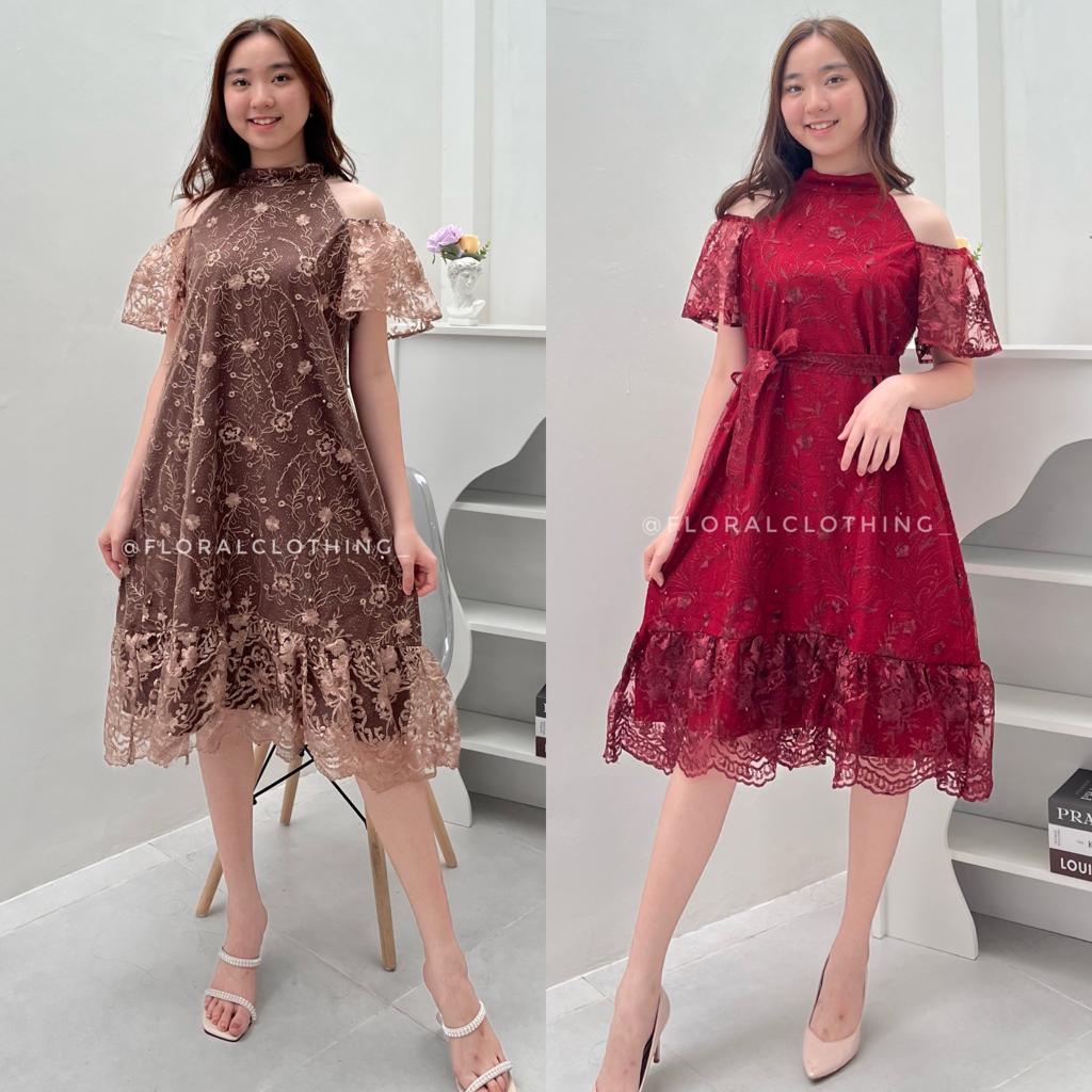 Jual dress natal pesta kondangan brokat premium korean look A-line F145 | Shopee Indonesia