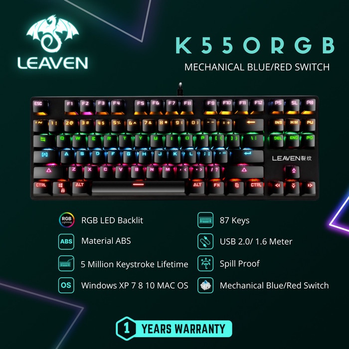 Jual Leaven Keyboard Gaming Mechanical RGB K550 TKL 87 Keys | Shopee Indonesia