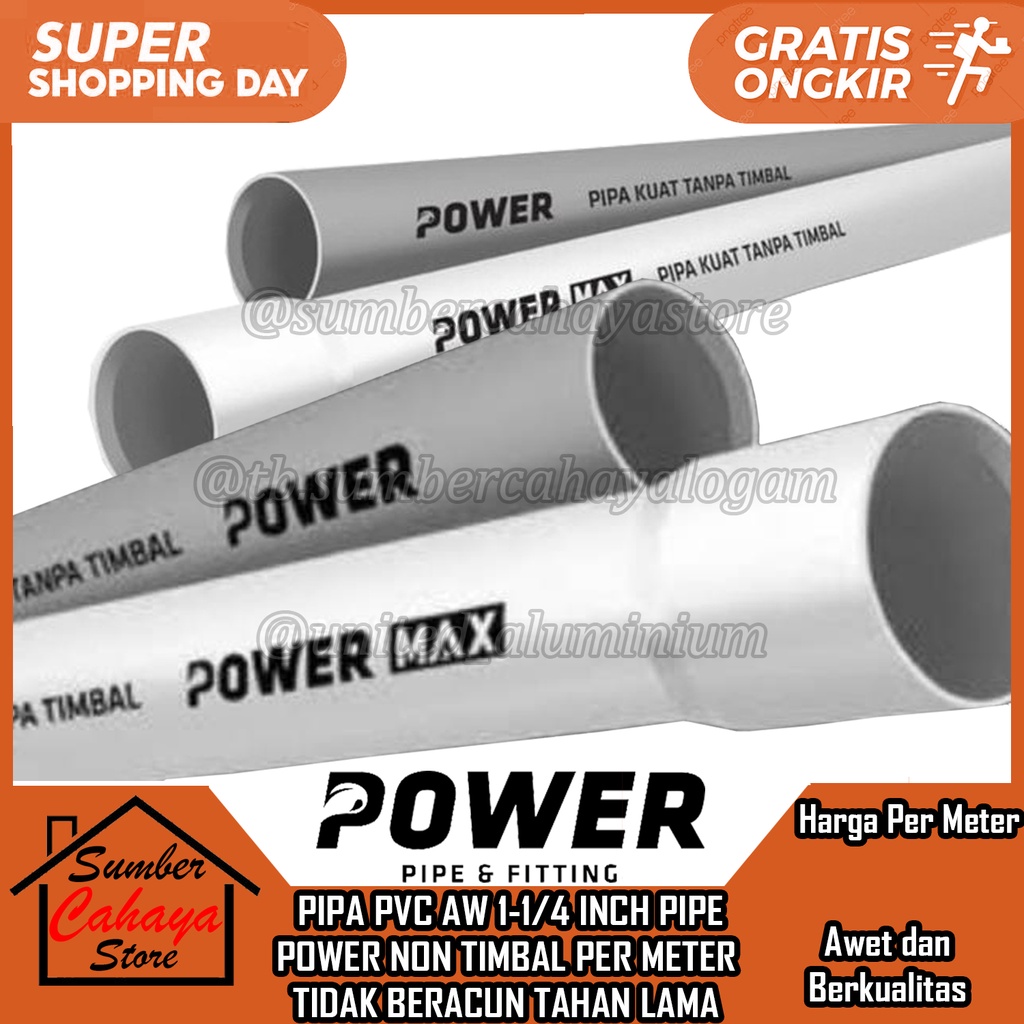 Jual PIPA PVC AW 1 1/4 Inch PUTIH ABU POWER NON TIMBAL PER METER TIDAK ...