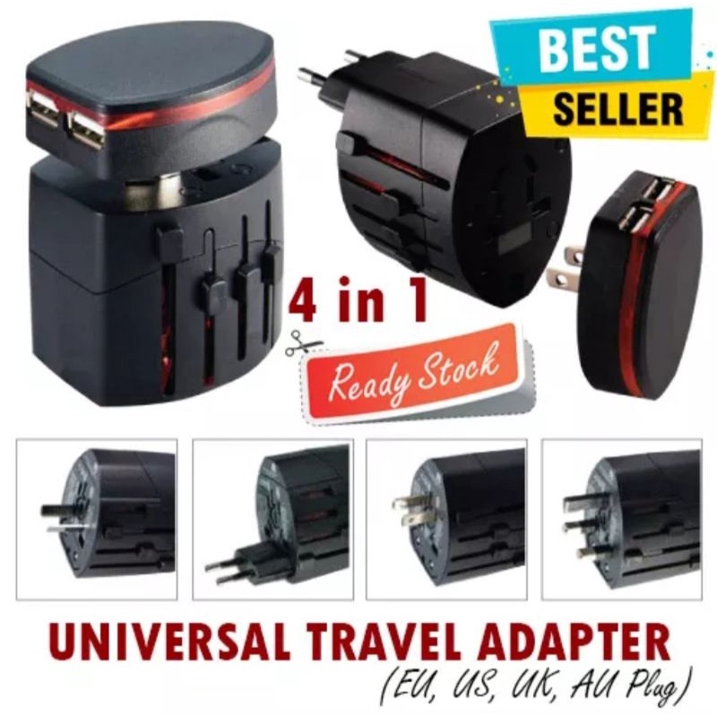Jual Universal Travel Adapter 4 in 1 with 1A USB Port Portable Colokan ...
