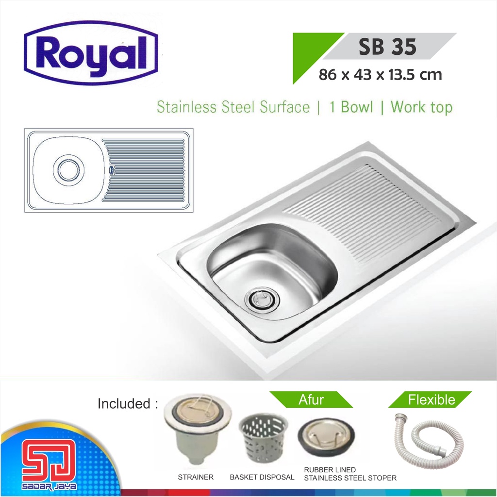 Jual Royal Kitchen Sink SB 35 Wastafel Dapur Bak Cuci Piring 1 Bowl Sayap Pengering Stainless ...