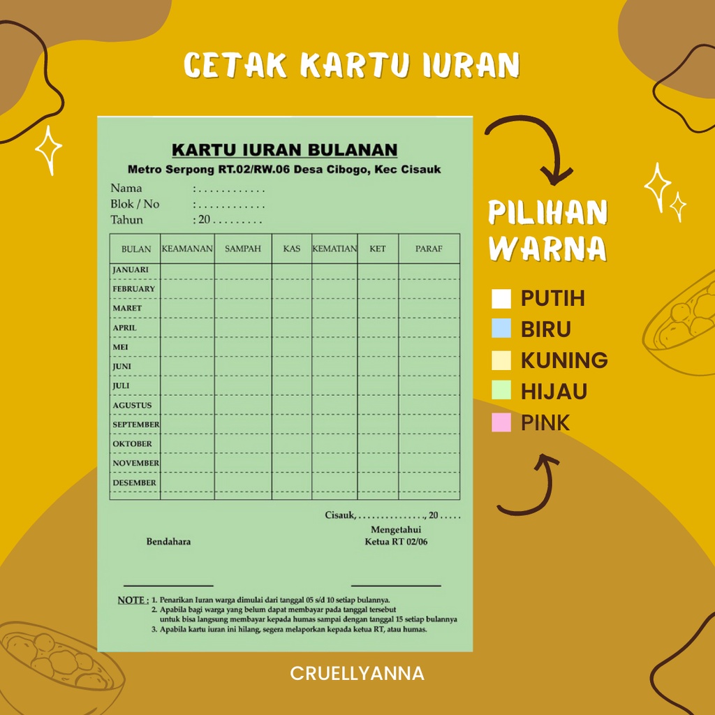 Jual Cetak Kartu iuran RT, Kartu SPP, Absesnsi, Kartu Iuran custom - iuran ngaji | Shopee Indonesia