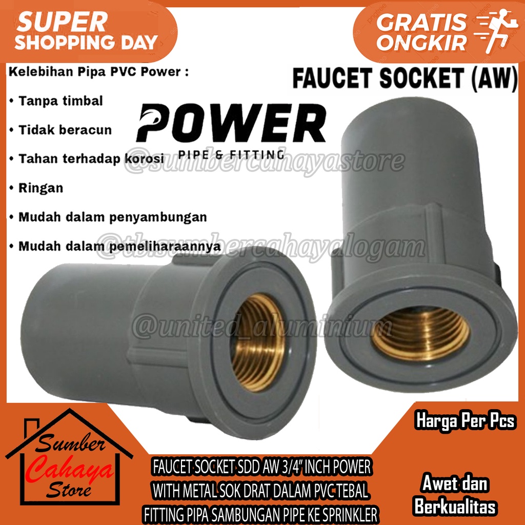 Jual SDD AW 3/4" INCH POWER SOK DRAT DALAM WITH METAL INSERT KUNINGAN ...