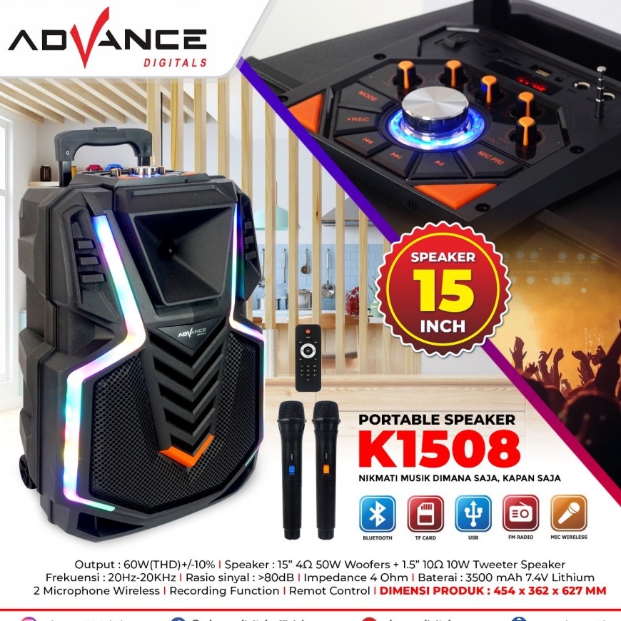 Jual Speaker Advance K1508 Bluetooth 15 inch 2 Mic Wireless / 1508 Bluetooth 15 inch 2 Mic ...