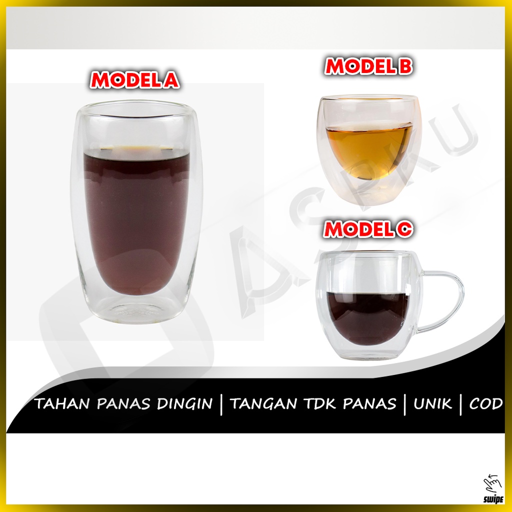 Jual One Two Cups Cangkir Double Wall 160ml Gelas Minum Kaca Tempat Air Unik Kaca Glass Panas ...