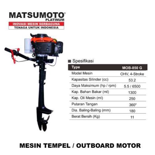 Jual Mesin Tempel OutBoard Motor 5 HP 4 Tak Matsumoto MOB 850 G Perahu / COD | Shopee Indonesia
