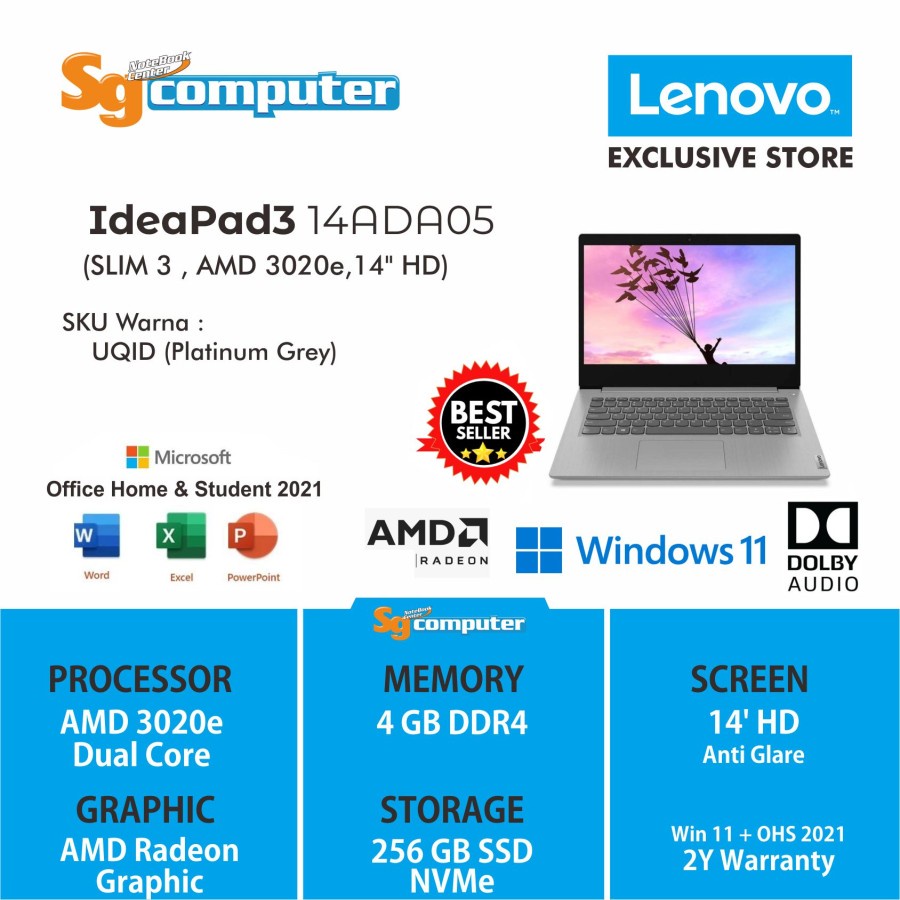 Jual Lenovo IP3 14ADA05 SLIM3 AMD 3020 4GB 256GB SSD 14HD WIN11 ...