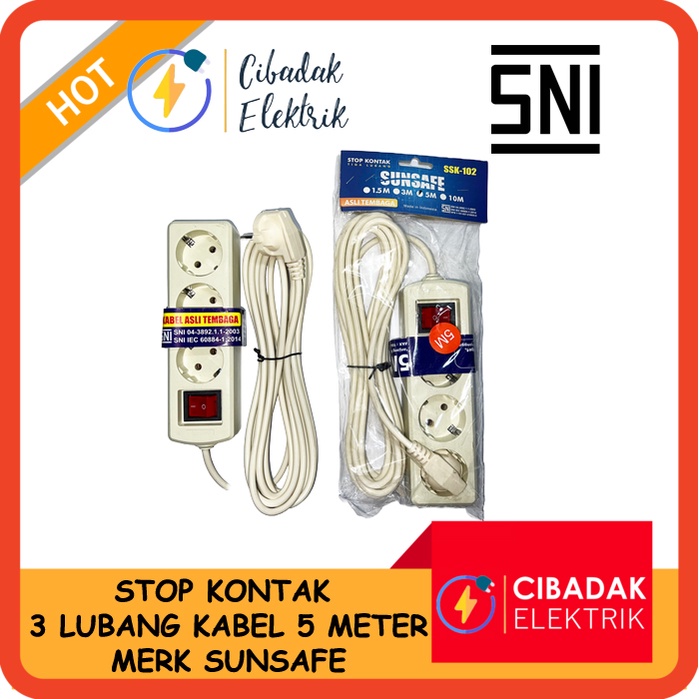 Jual STOP KONTAK 3 LUBANG 5 METER / COLOKAN LISTRIK DENGAN KABEL / SUNSAFE | Shopee Indonesia