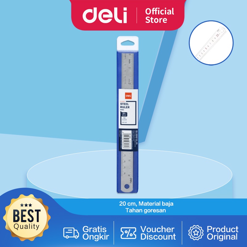 Jual Deli Penggaris baja berkualitas tinggi tahan gores 20cm 8462 ...