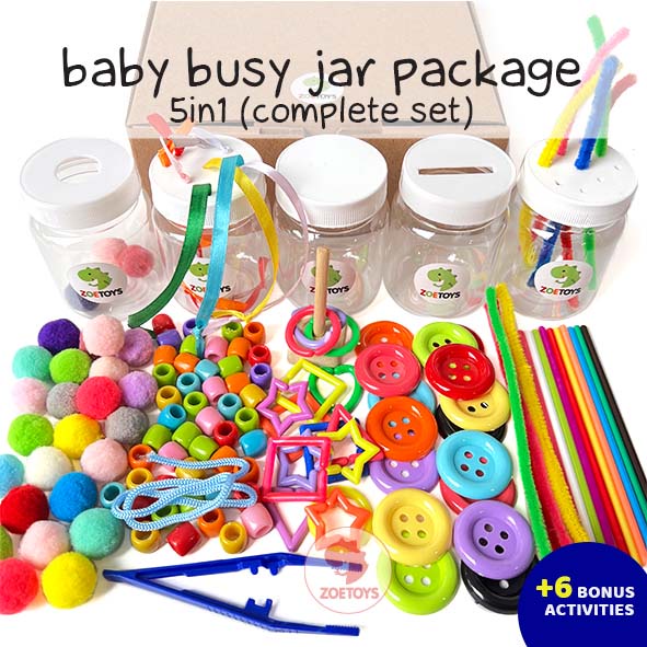 Jual Montessori Baby Busy Jar Package | Pompom Button Push Ring Stick ...