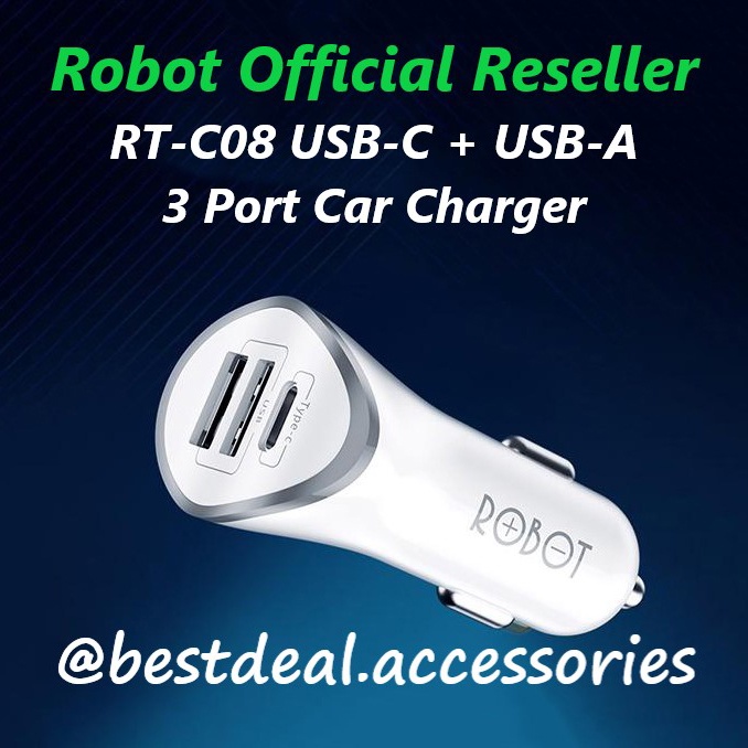 Jual Robot RT-C08 3 Port Output Car Charger USB-C USB-A 4.8A Max ...
