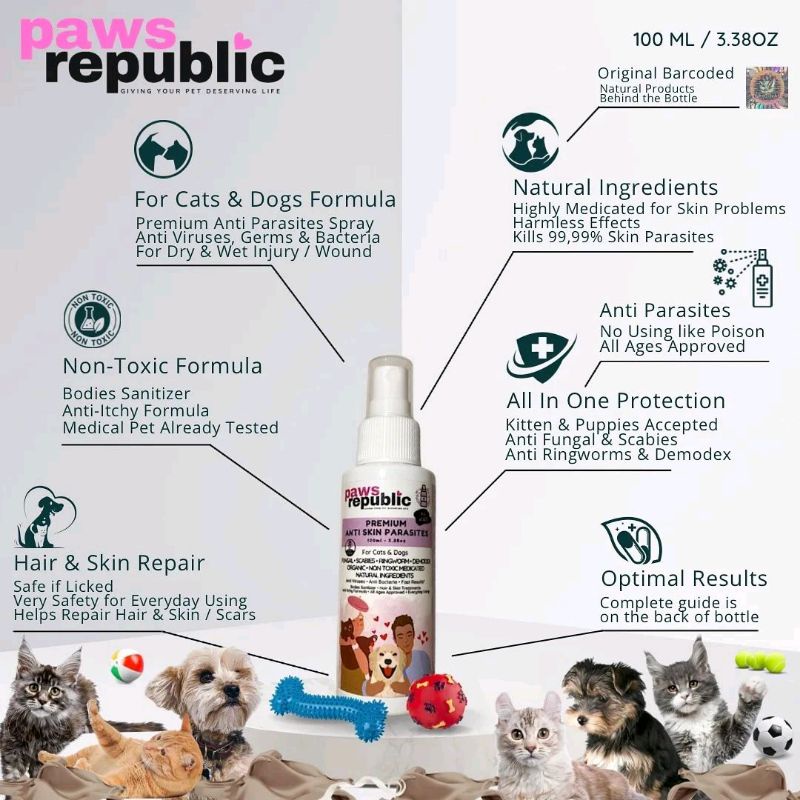Jual Paws Republic - Premium Anti Skin Parasites Spray For Cats & Dog ...