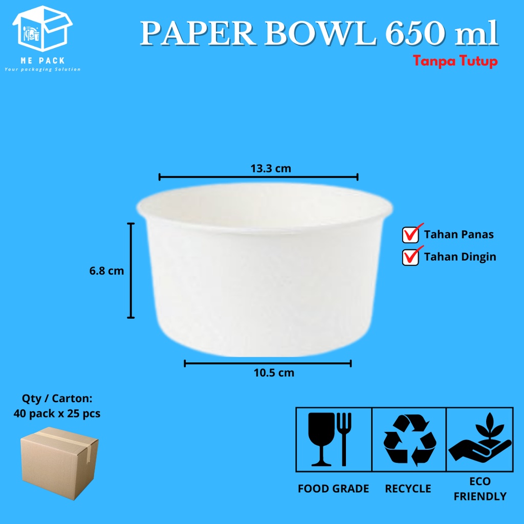 Jual Paper Bowl/Mangkok Kertas 650 ml Tahan Panas | Shopee Indonesia