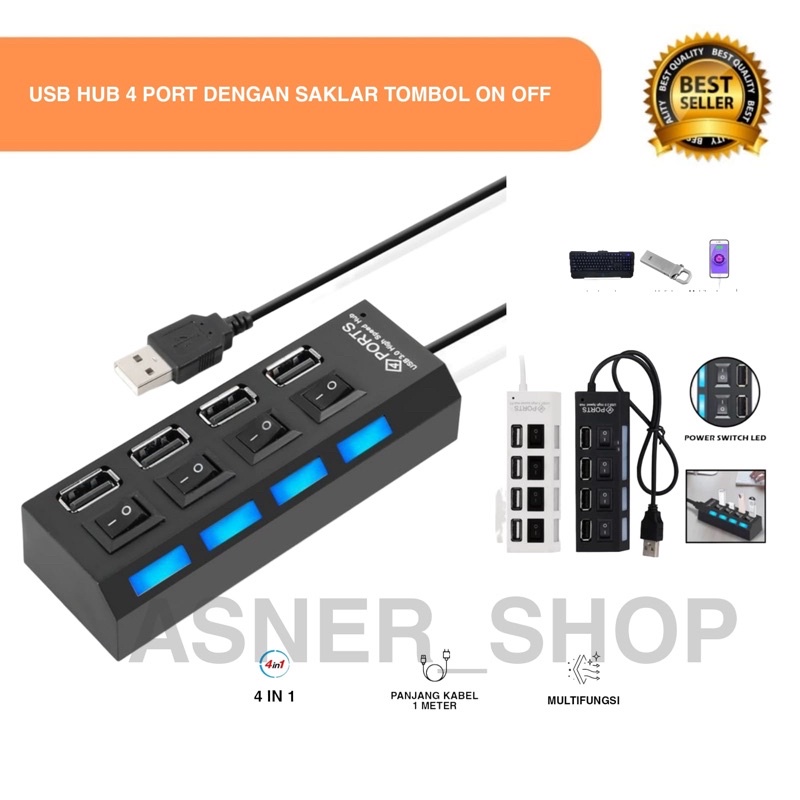 Jual Saklar Tombol ON OFF Lampu LED USB HUB 4 - 7 port Ports Switch 4in1 Sambungan Listrik Kabel ...