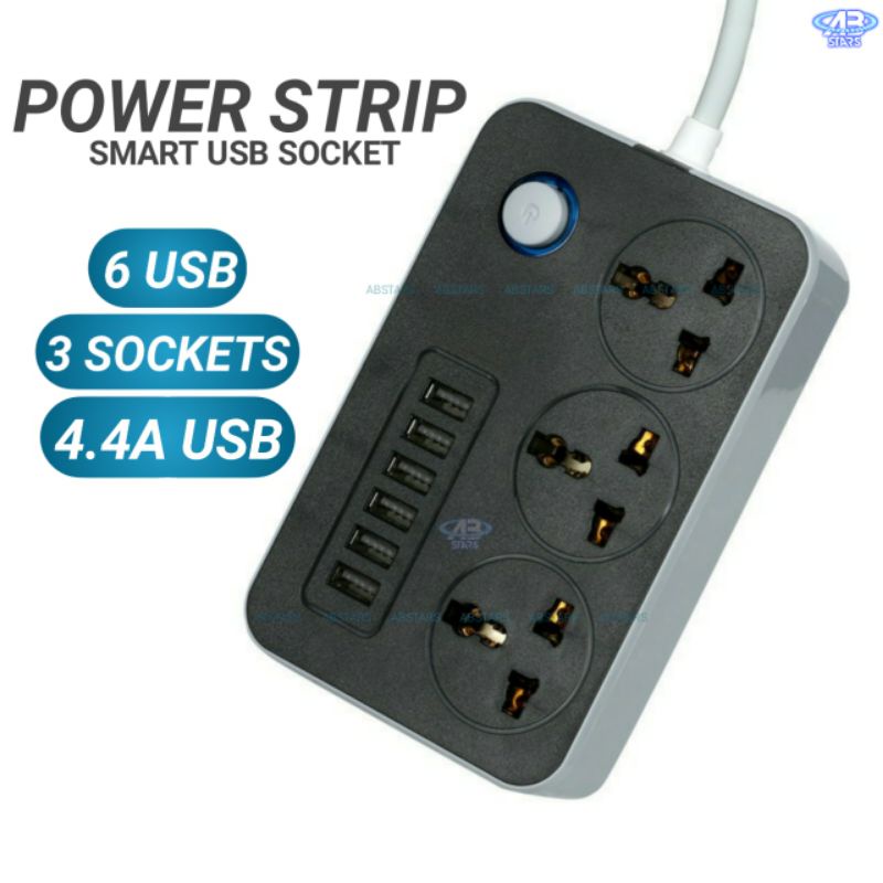 Jual Stop Kontak 3 Socket Port 6 USB Smart Power Strip Charger Adaptor ...