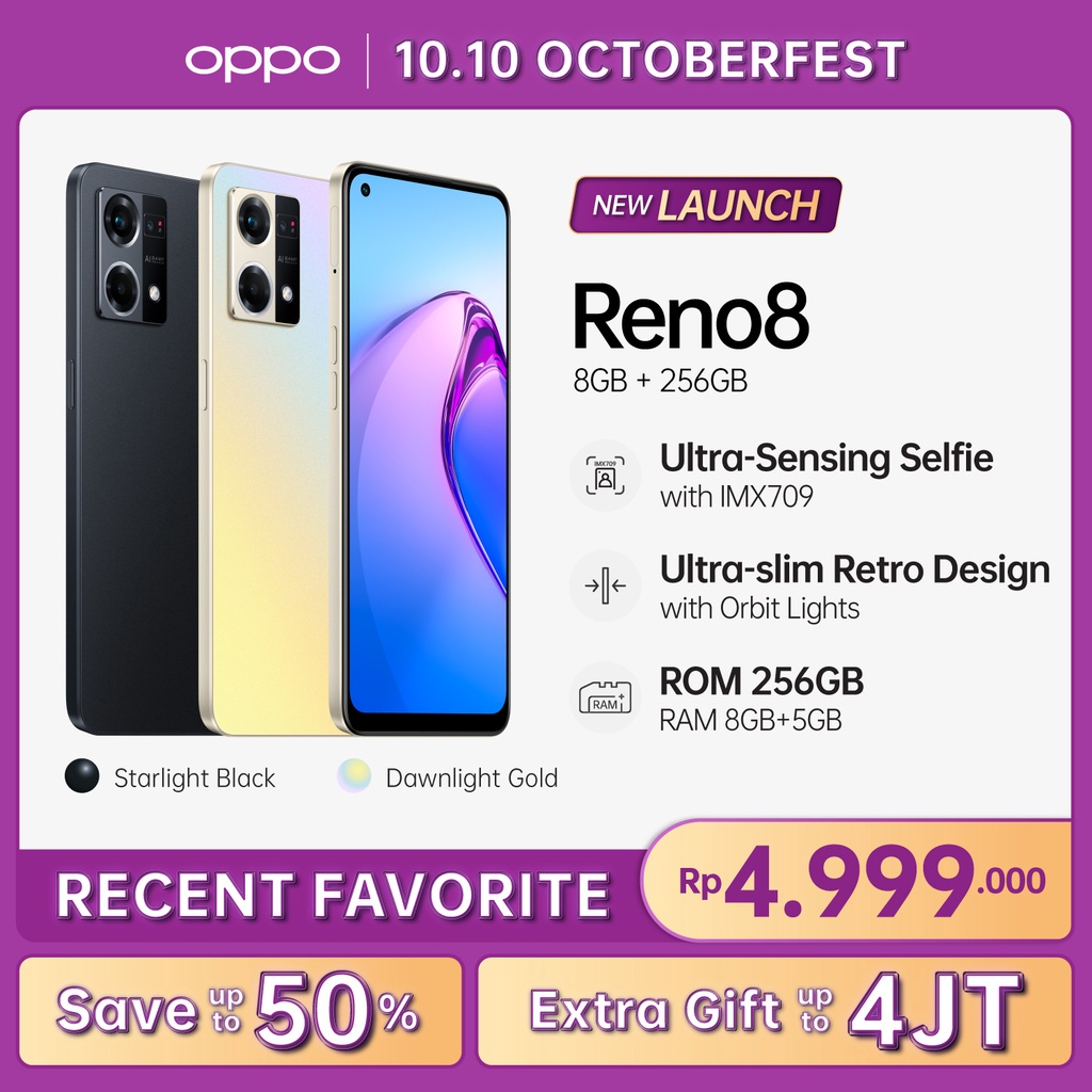 Jual OPPO Reno8 4G 8GB/256GB [33W SUPERVOOC Charging, 4500mAh battery ...