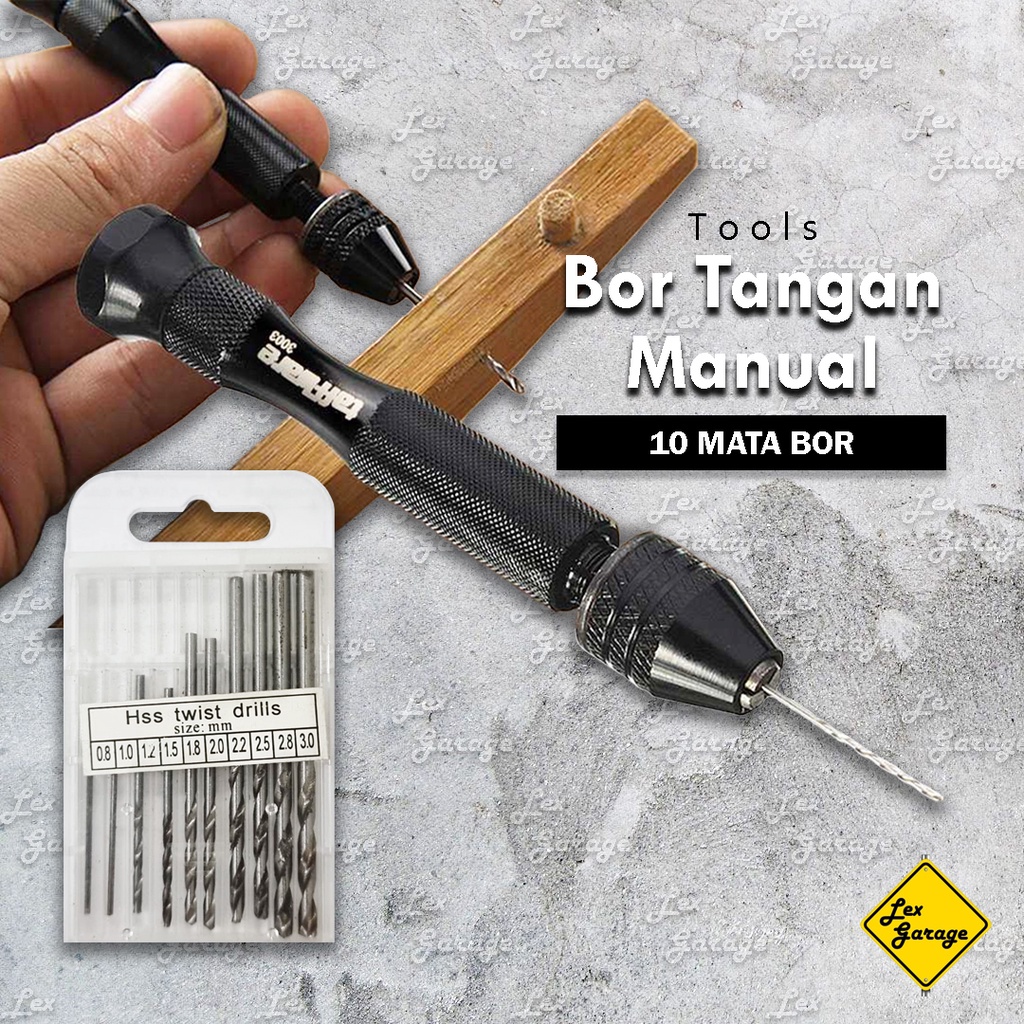 Jual Bor Tangan Manual Mini Hand Drill + 10 Mata Bor Set Kayu Besi HSS ...