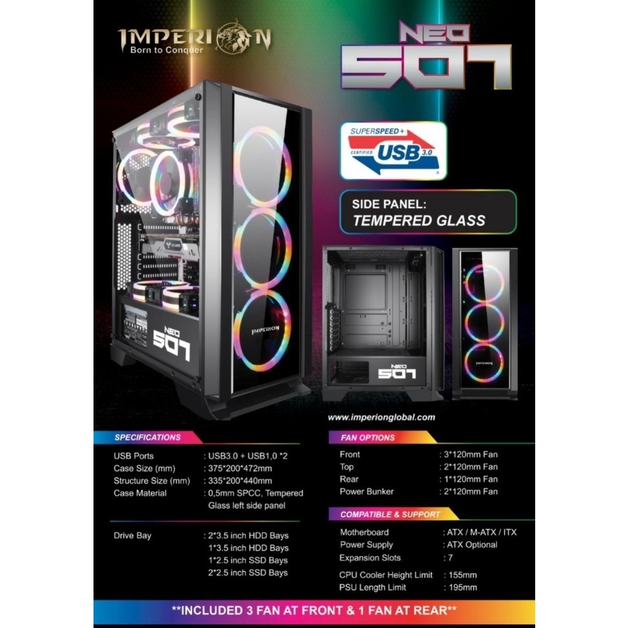 Jual Imperion Neo 507 Tempered Glass ATX PC Gaming Casing RGB Fan ...