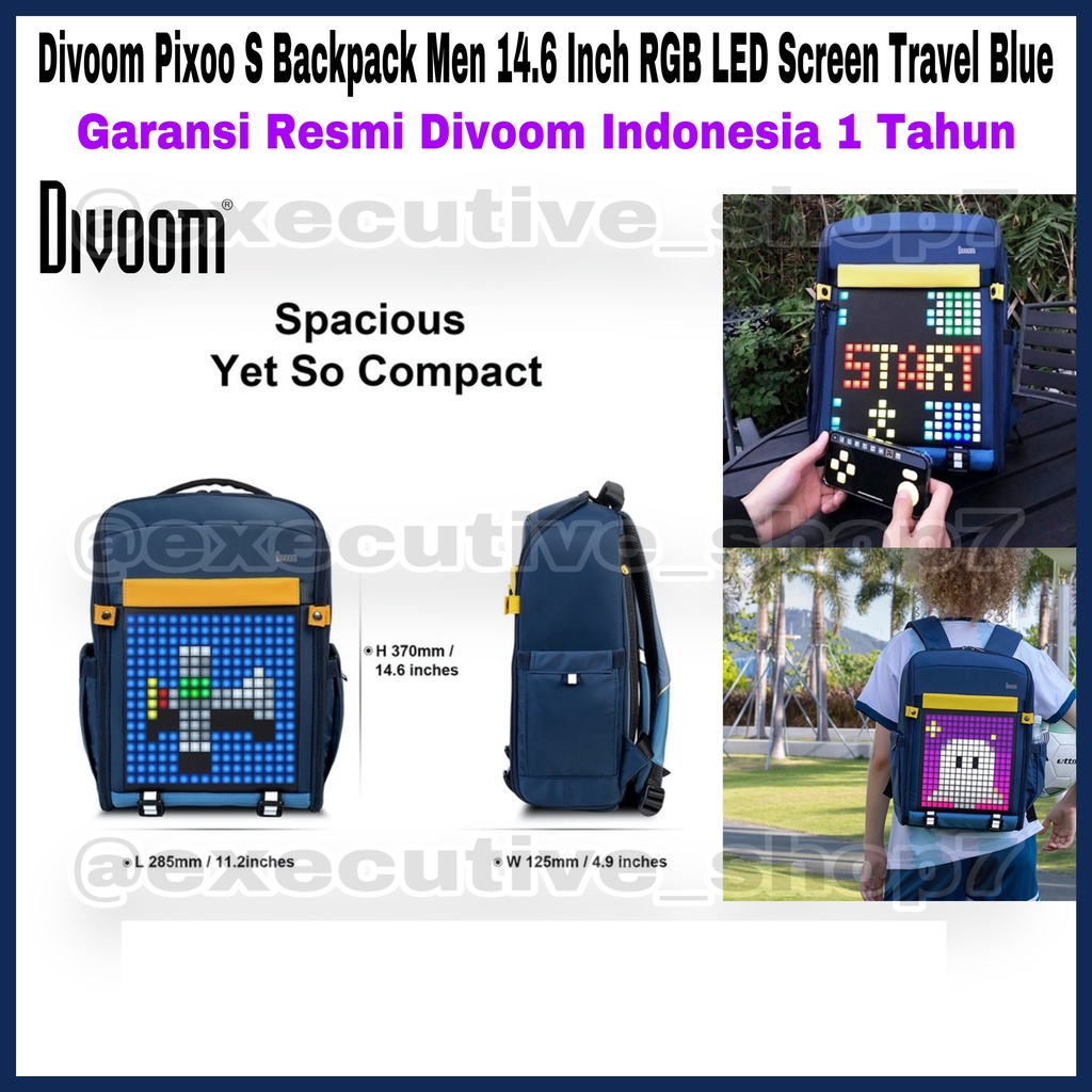 Jual Divoom Pixoo S Backpack Men 14.6 Inch RGB LED Screen Travel Blue ...