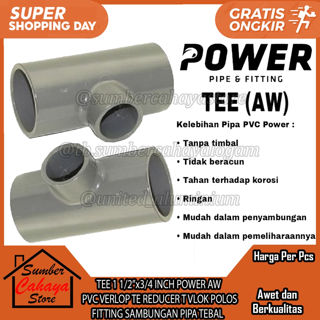 Jual TE FITTING POWER AW 11/2”x3/4"INCH PVC VERLOP TEE REDUCER VLOK POLOS SAMBUNGAN LETER T PIPA ...