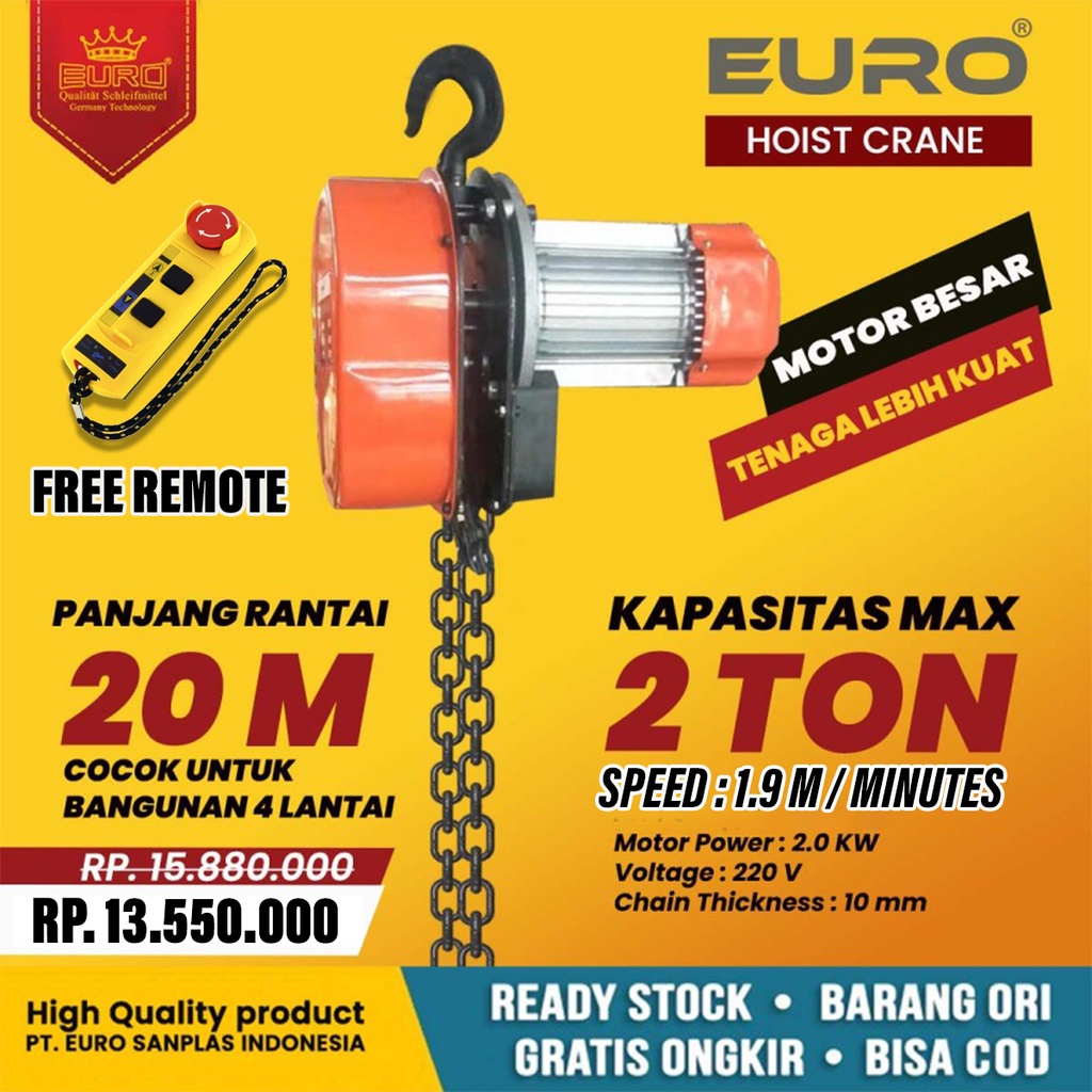 Jual Hoist crane chaine katrol elektrik kapasitas 2 ton panjang 20 ...