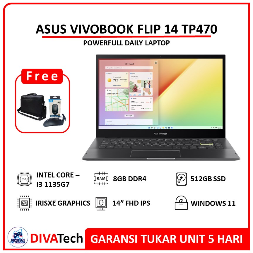 Jual Asus Vivobook Flip 14 TP470EZ 2in1 i5 1135G7 8GB 512SSD 14.0FHD IPS W11 | Laptop Asus ...