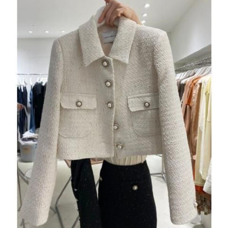 Jual READY LGS KIRIM Sarah tweed blazer black white - SWEET BERRY ...