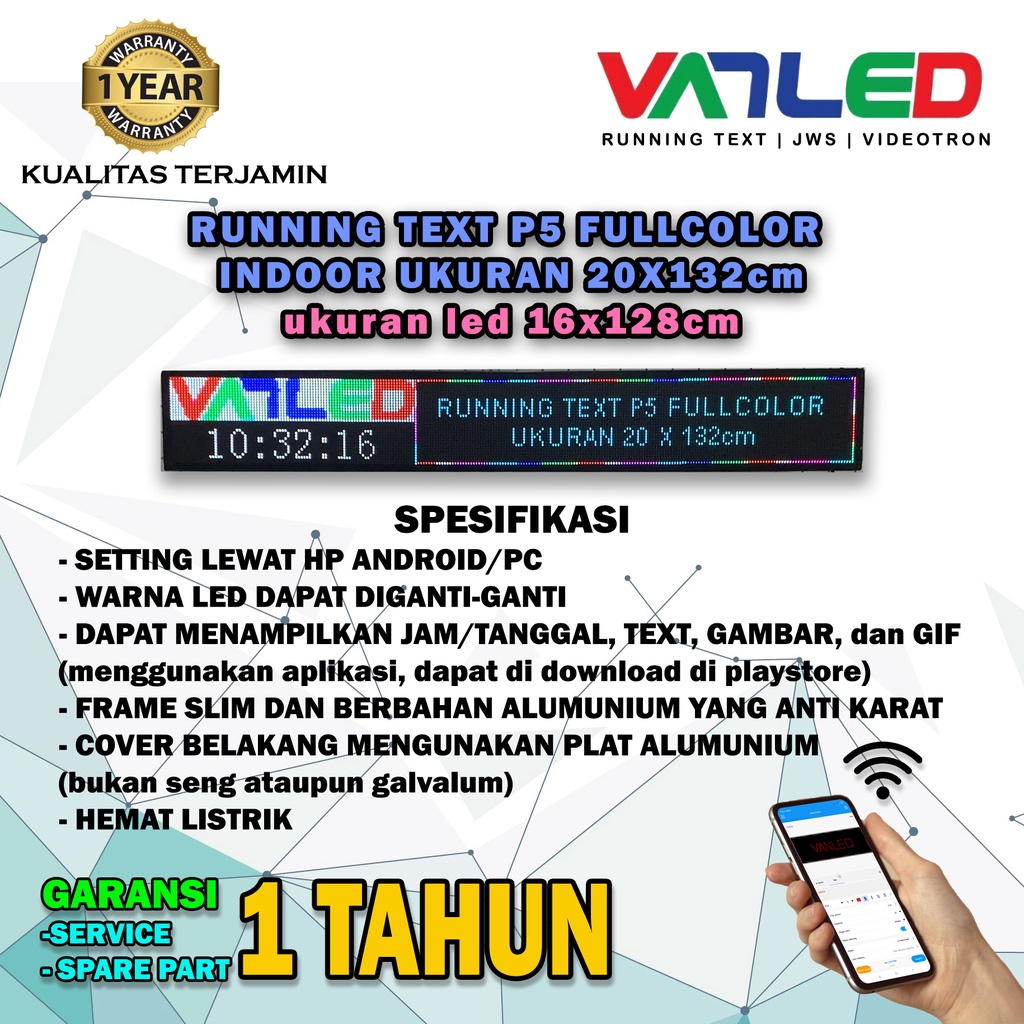 Jual Led Running Text Indoor P5 RGB Fullcolor Ukuran 20x132cm | Shopee ...