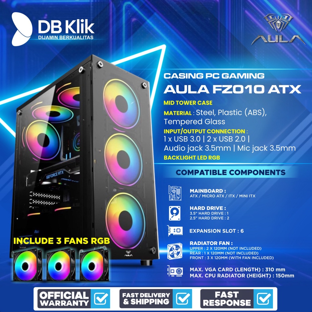 Jual Casing PC Gaming AULA FZ010 ATX include 3 Fan RGB - Casing AULA FZ ...