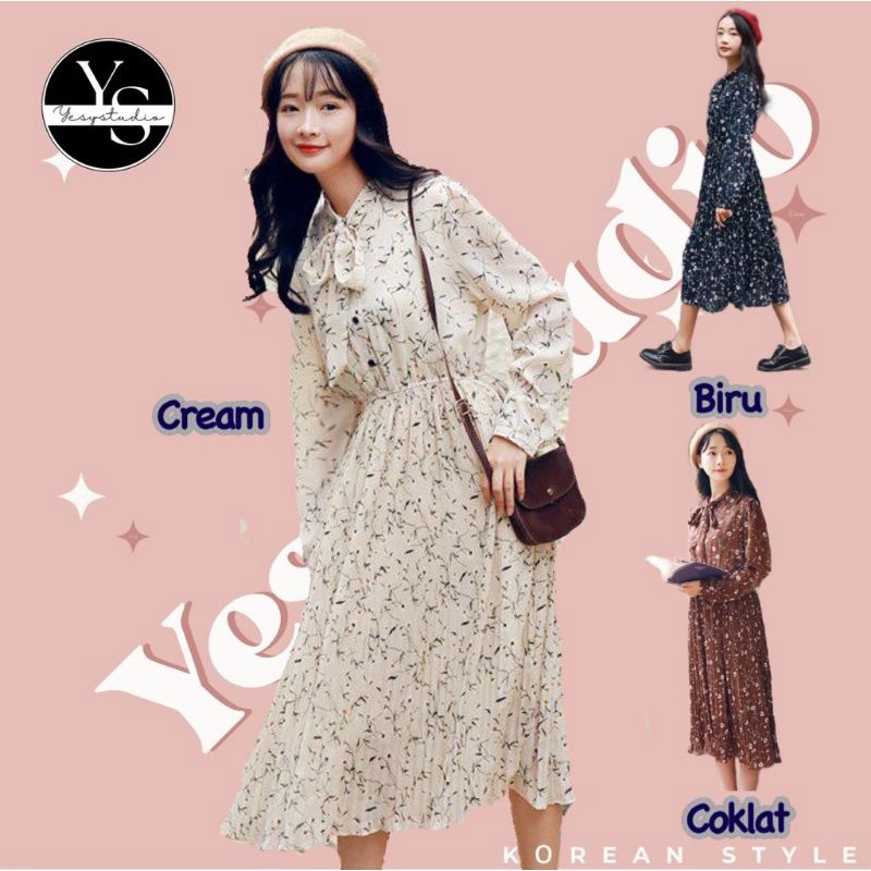 Jual 【STOCK READY】DRESS LENGAN PANJANG SIFON MOTIF BUNGA ROK PLISKET ...
