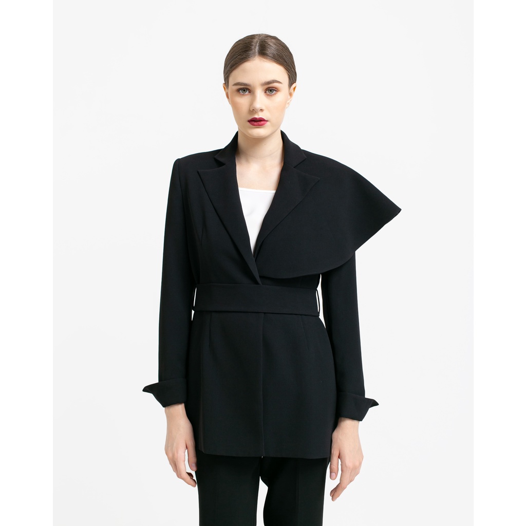 Jual INVIO Kirsten Belted Cape Blazer Black | Jas Wanita | Shopee Indonesia