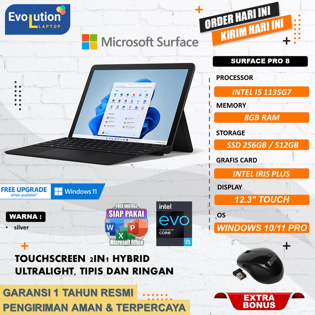 Jual Laptop Touchscreen Tablet Microsoft Surface Pro 8 Intel Core i5 Ram 8GB SSD 256GB TOUCH ...