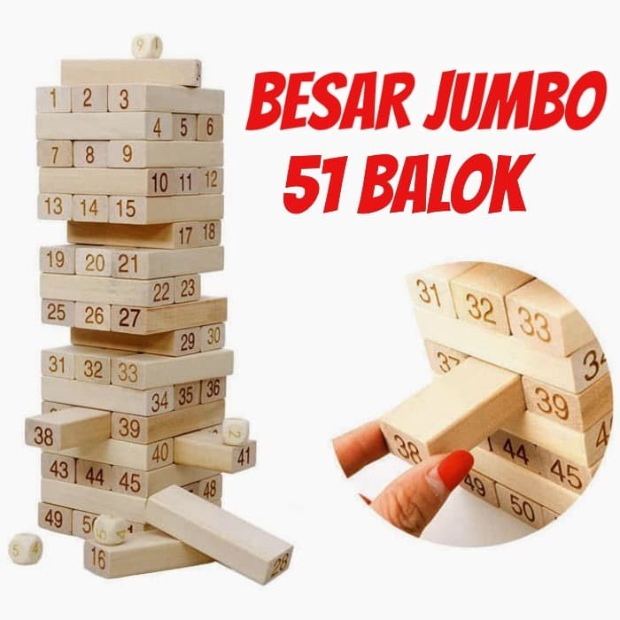 Jual MAINAN Uno Stako Kayu 51 Balok jumbo + DADU / wooden uno stacko ...