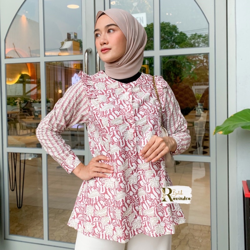 Jual Blouse Batik Kombinasi Bunga Bunga Salur | Shopee Indonesia