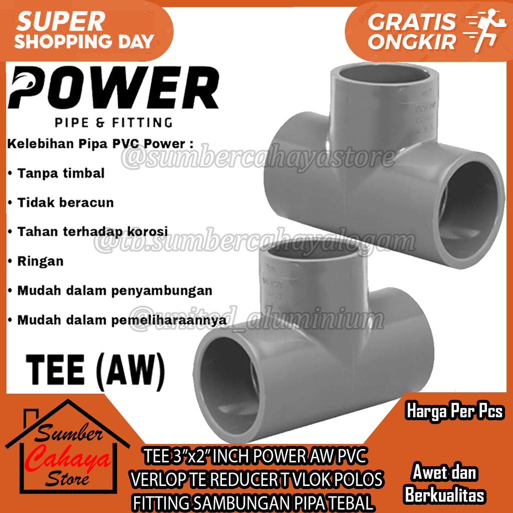Jual TE 3x2"INCH POWER AW PVC VERLOP TEE REDUCER VLOK POLOS FITTING ...