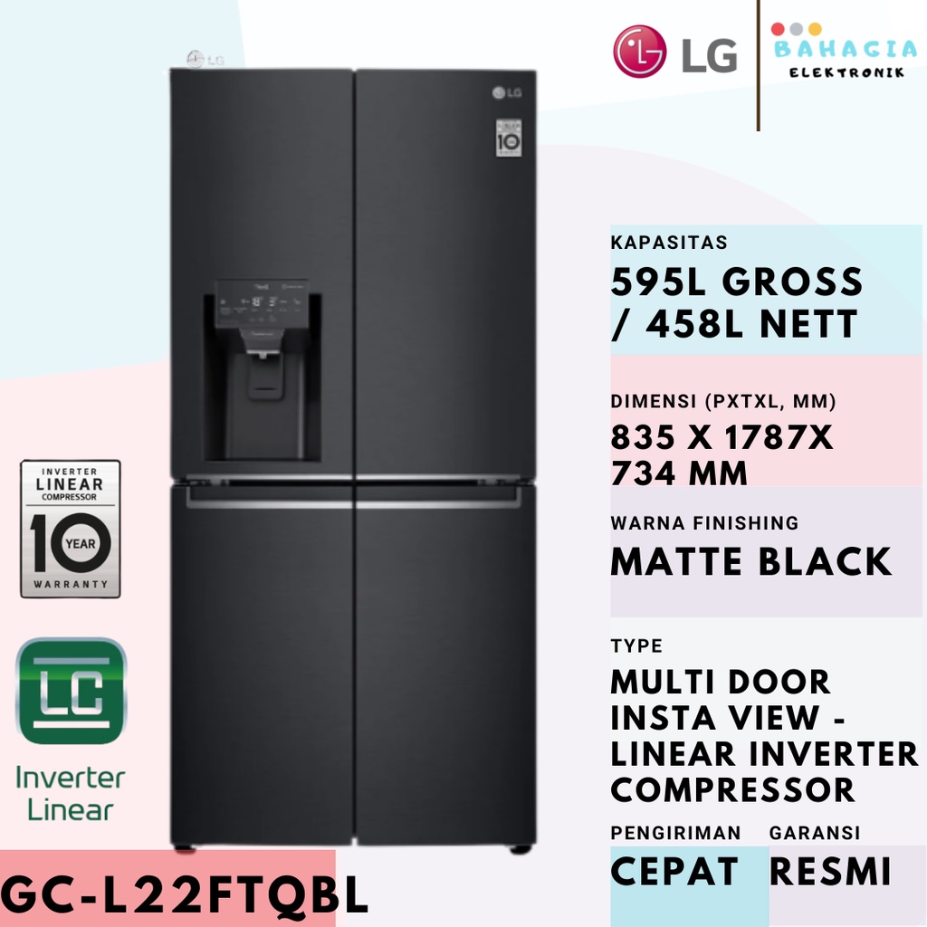 Jual LG GC-L22FTQBL Kulkas SIde by Side Non Plumbing Water & Ice Dispenser UV Nano | Shopee ...